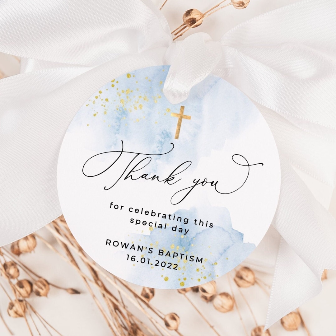 Round Blue & Gold Baptism Favor Tag Template, Printable Christening ...