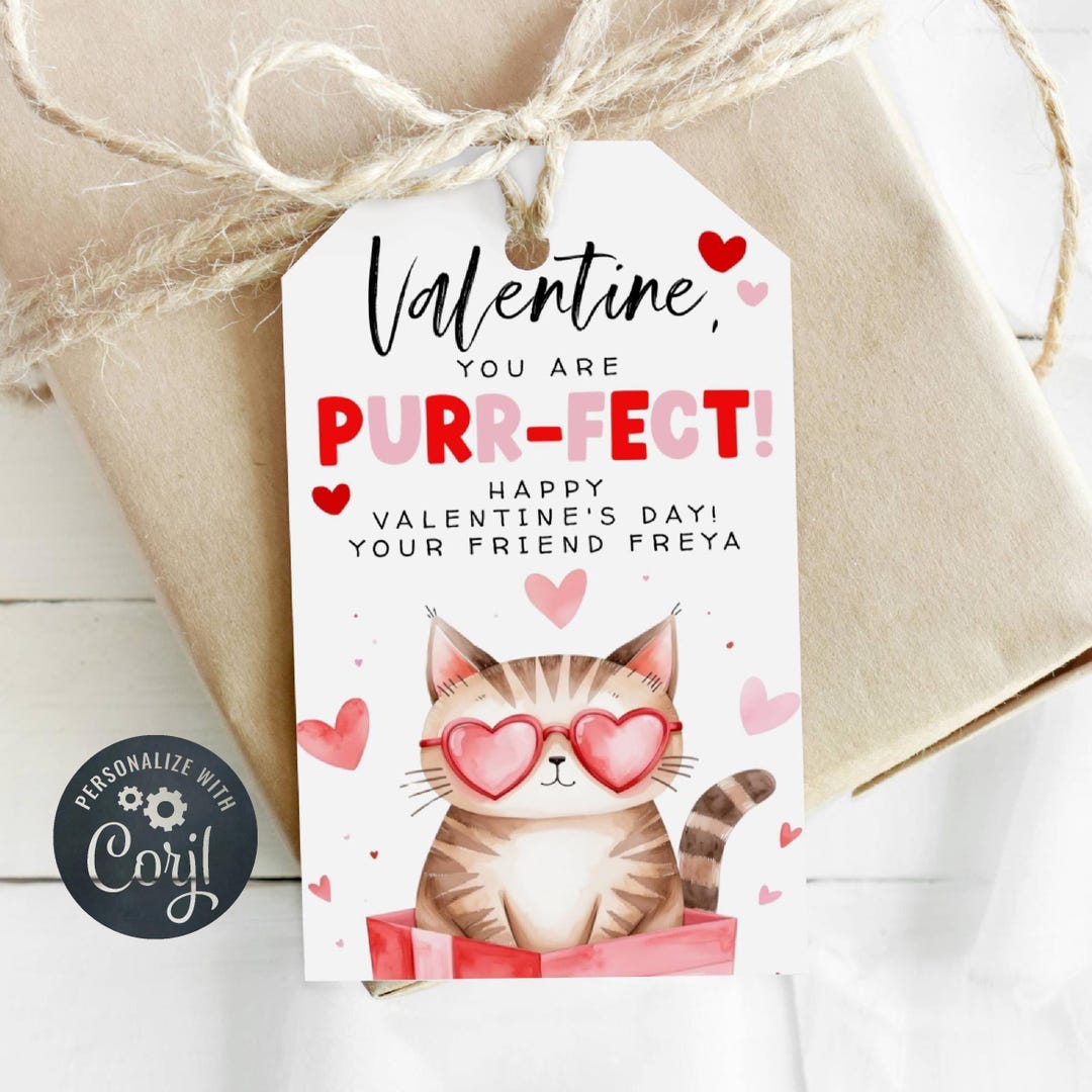 Cat Valentine's Day Gift Tag Template, Printable You Are Purr-fect ...