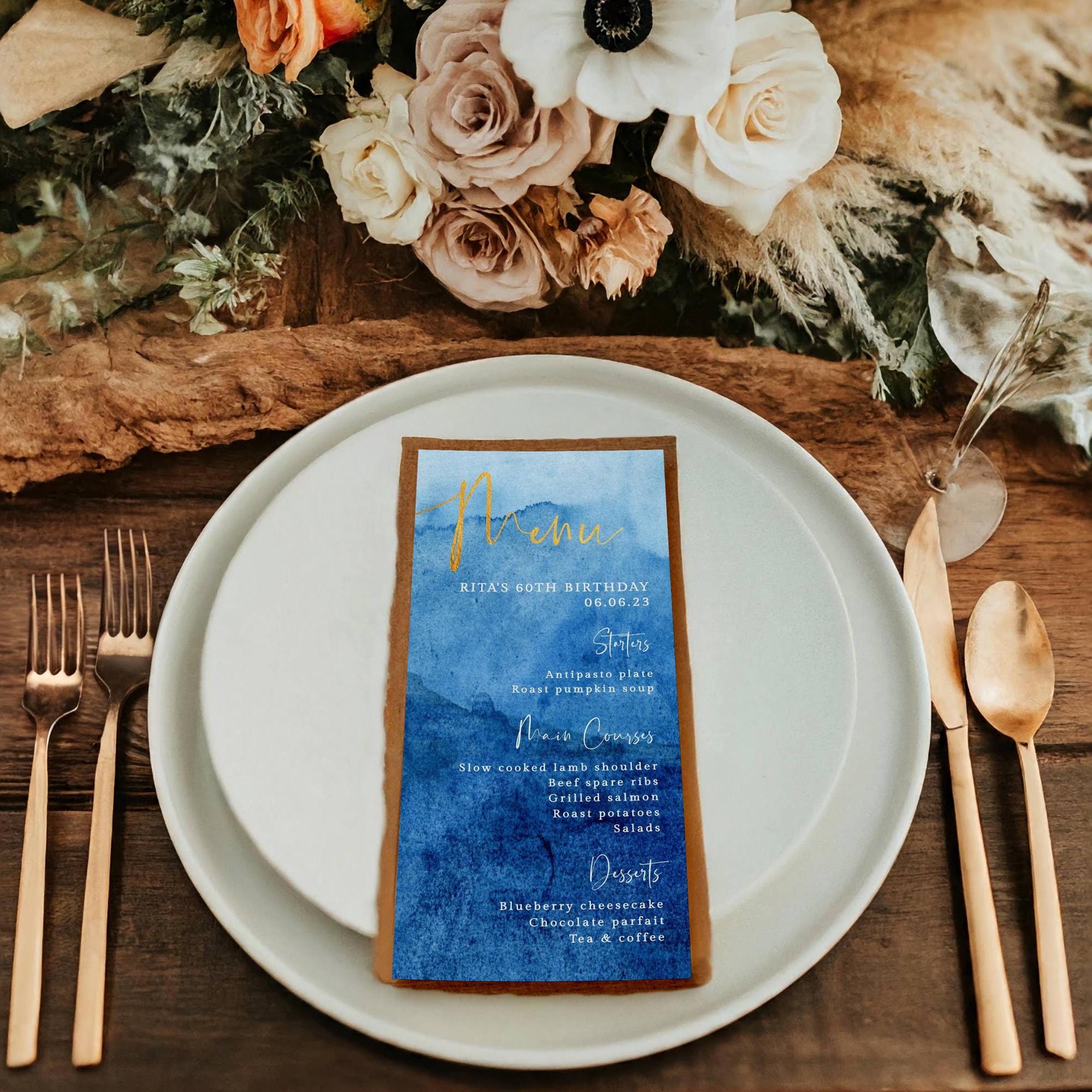 Elegant Blue & Gold Menu Template, Printable Birthday Menu Cards ...