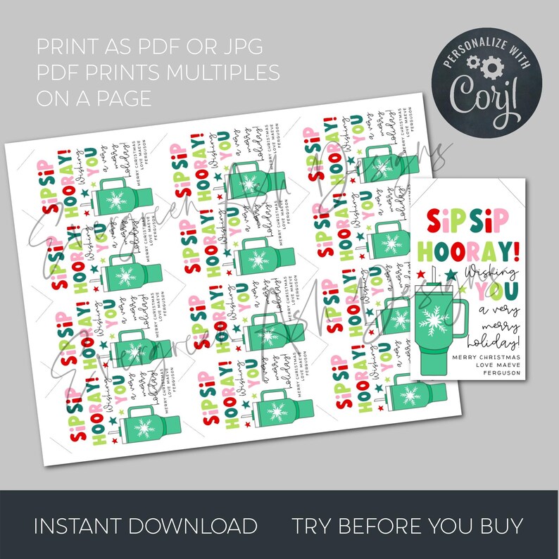 Christmas Tumbler Cup Gift Tag Template, Printable Sip Sip Hooray Merry ...