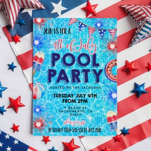 4th of July Pool Party Invitation Template, Printable July Fourth ...