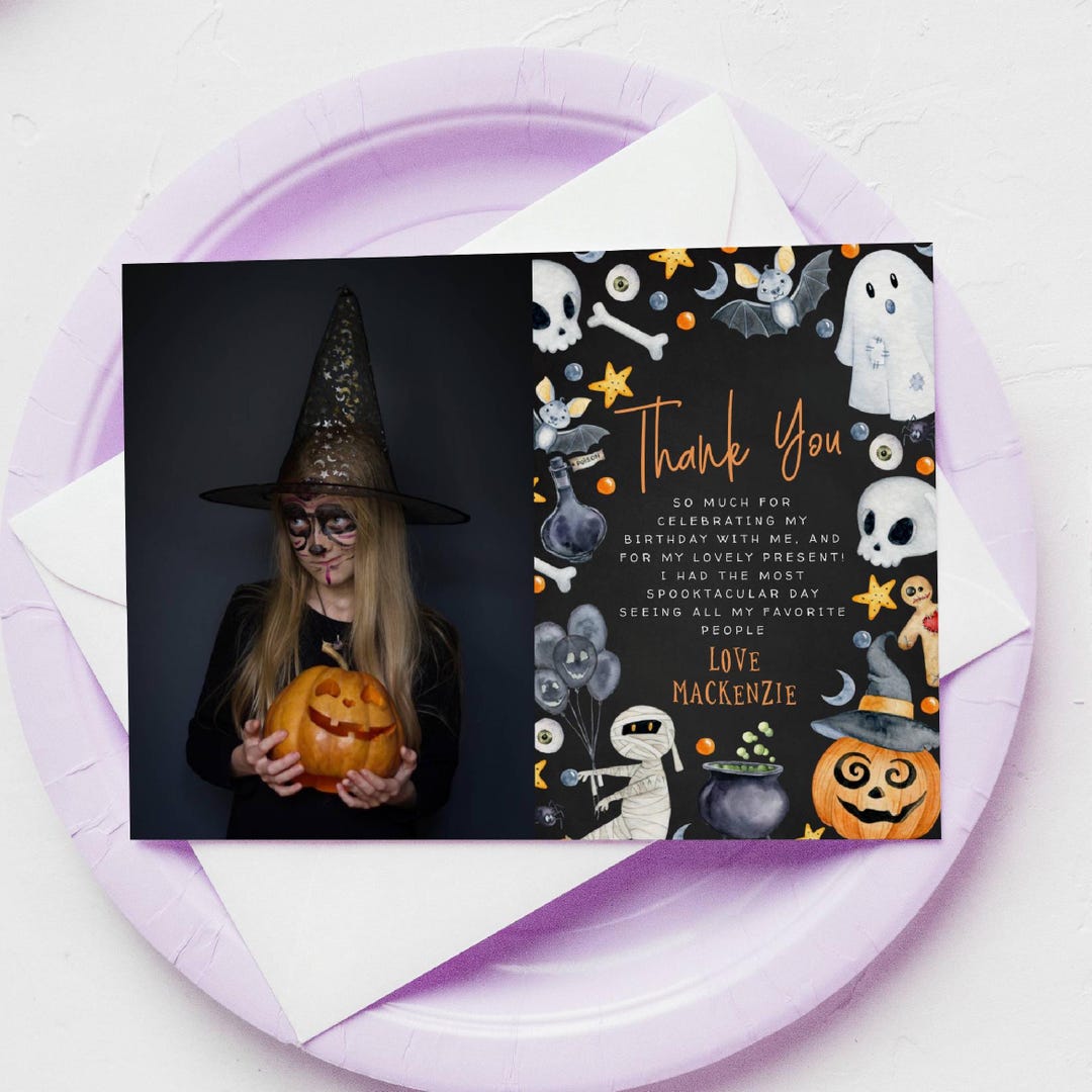 Halloween Birthday Photo Thank You Card Template, Printable Kids Spooky ...