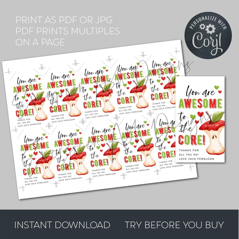 Awesome to the Core Appreciation Gift Tag Template, Printable Apple ...
