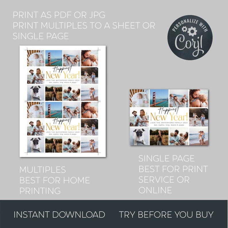 Photo Collage Happy New Year Holiday Card Template, Printable Modern ...