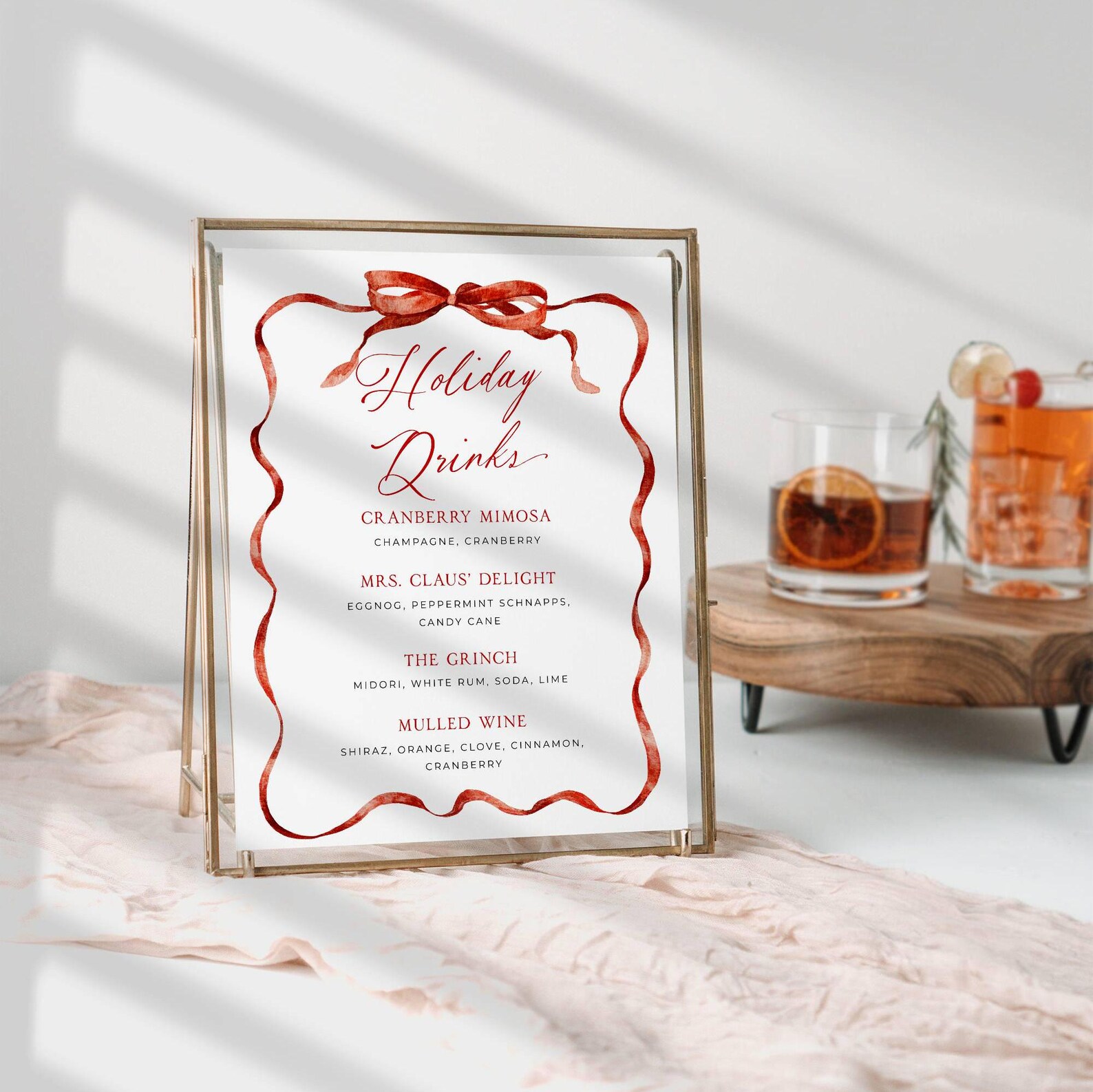 Red Ribbon Holiday Drinks Bar Menu Template, Printable Christmas ...