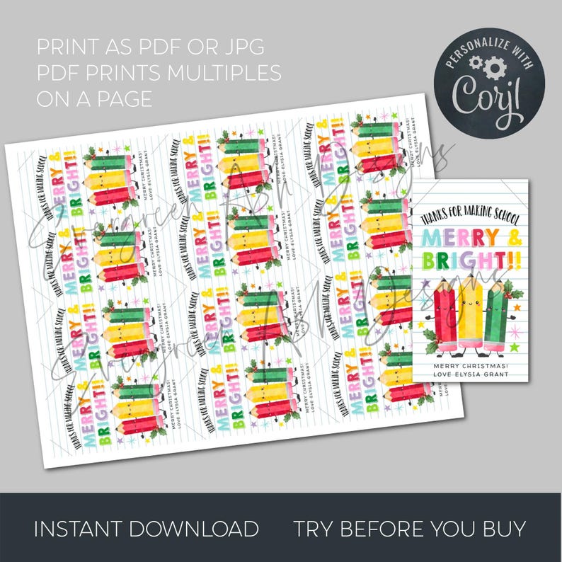 Merry & Bright Christmas Gift Tag Template, Printable Pencils Holiday ...