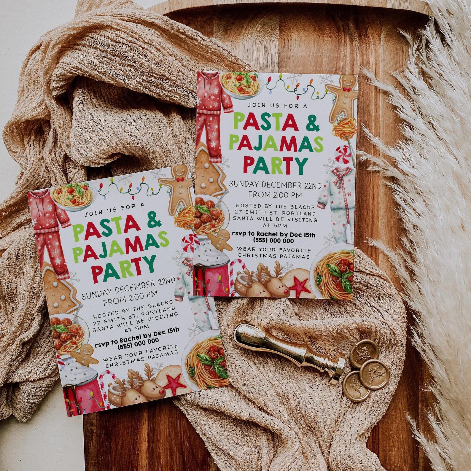Pasta & Pajamas Christmas Invitation Template, Printable Holiday ...