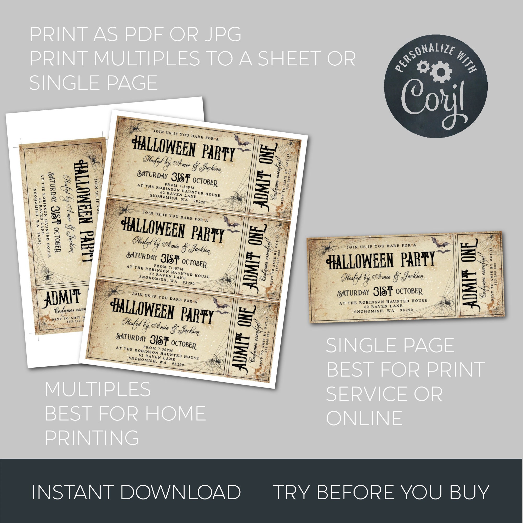 Halloween Party Ticket Invitation Template, Printable Antique Halloween ...