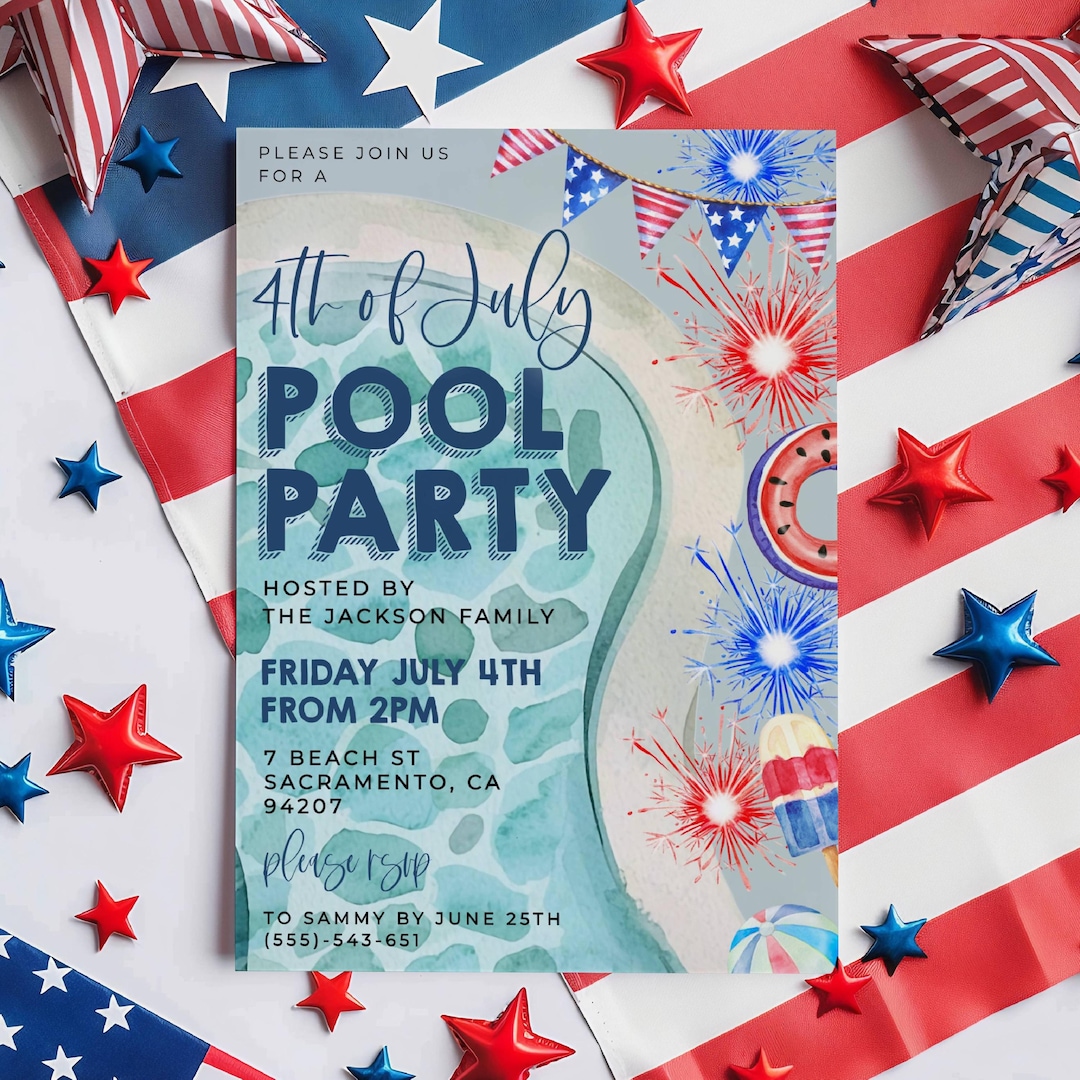 4th of July Pool Party Invitation Template, Printable July Fourth ...