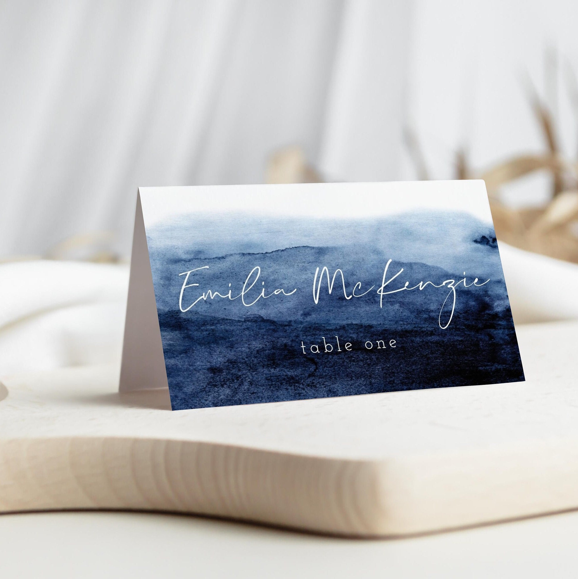 Navy Watercolor Place Card Template, Printable Wedding Name Cards ...