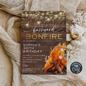 Rustic Birthday Bonfire Invitation Template, Printable Adult S'mores ...