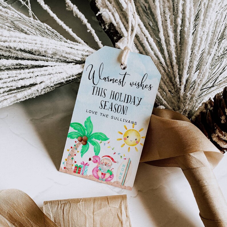 Tropical Christmas Gift Tag Template, Printable Summer Holiday Party ...