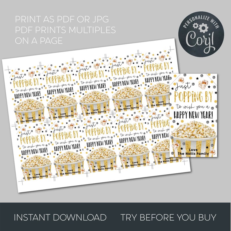 New Year's Eve Popcorn Gift Tag Template, Printable Just Popping by NYE ...