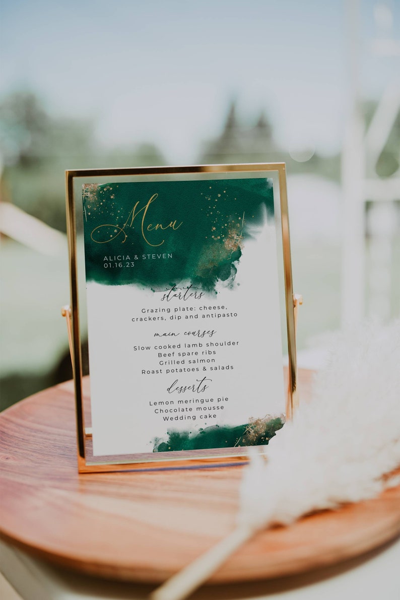 Emerald Watercolor Menu Template, Printable Hunter Green & Gold Wedding ...