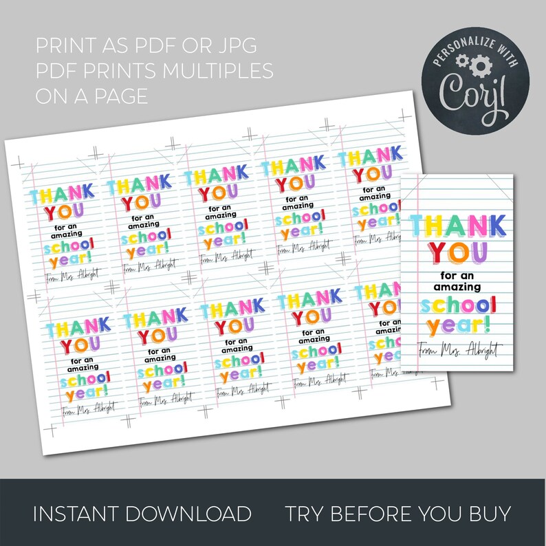 Thank You for A Great School Year Tag Template Printable - Etsy