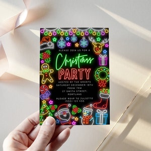 Neon Christmas Invitation Template, Printable Fun Holiday Party Invite ...
