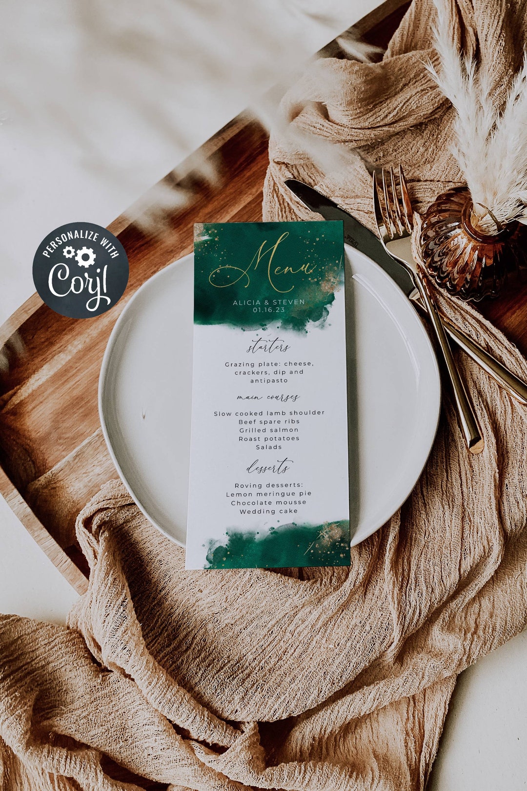 Emerald Watercolor Menu Template, Printable Hunter Green & Gold Wedding ...