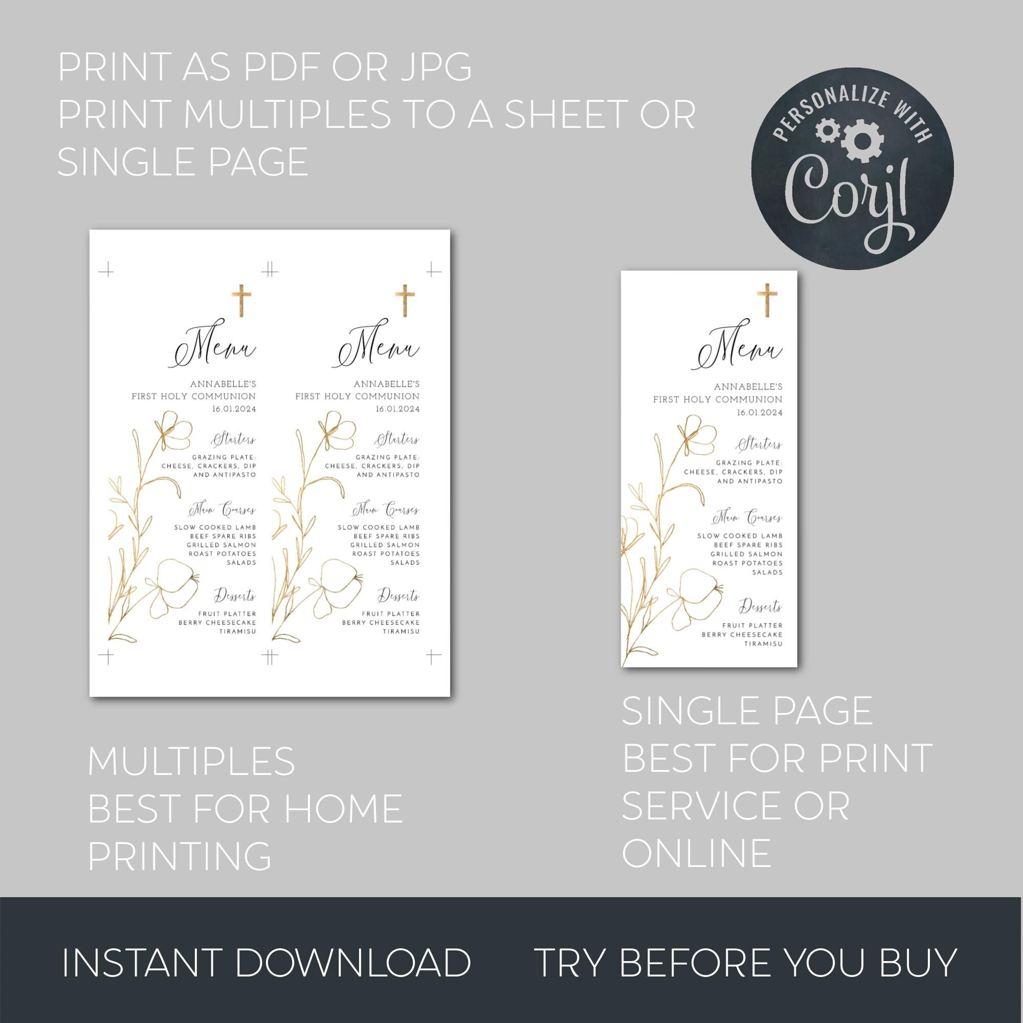 Gold Floral First Holy Communion Menu Template, Printable Religious ...