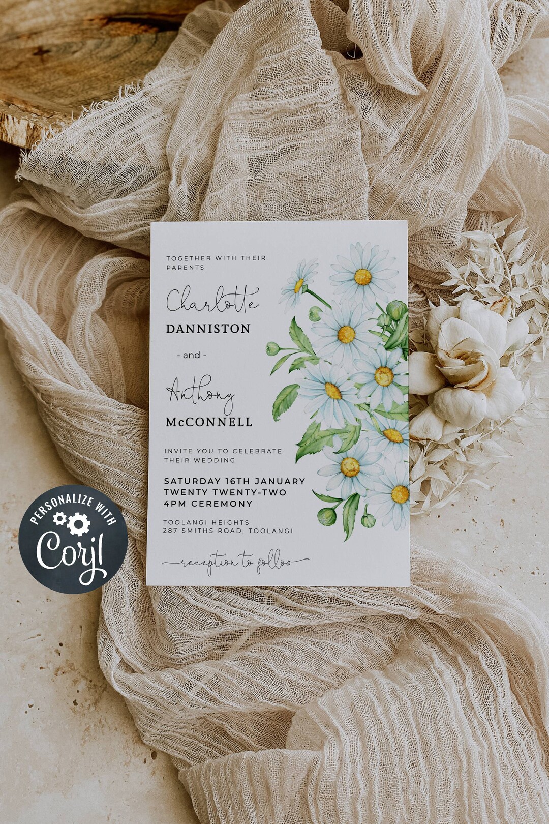 Daisy Wedding Invitation Template, Printable White Daisies Floral ...