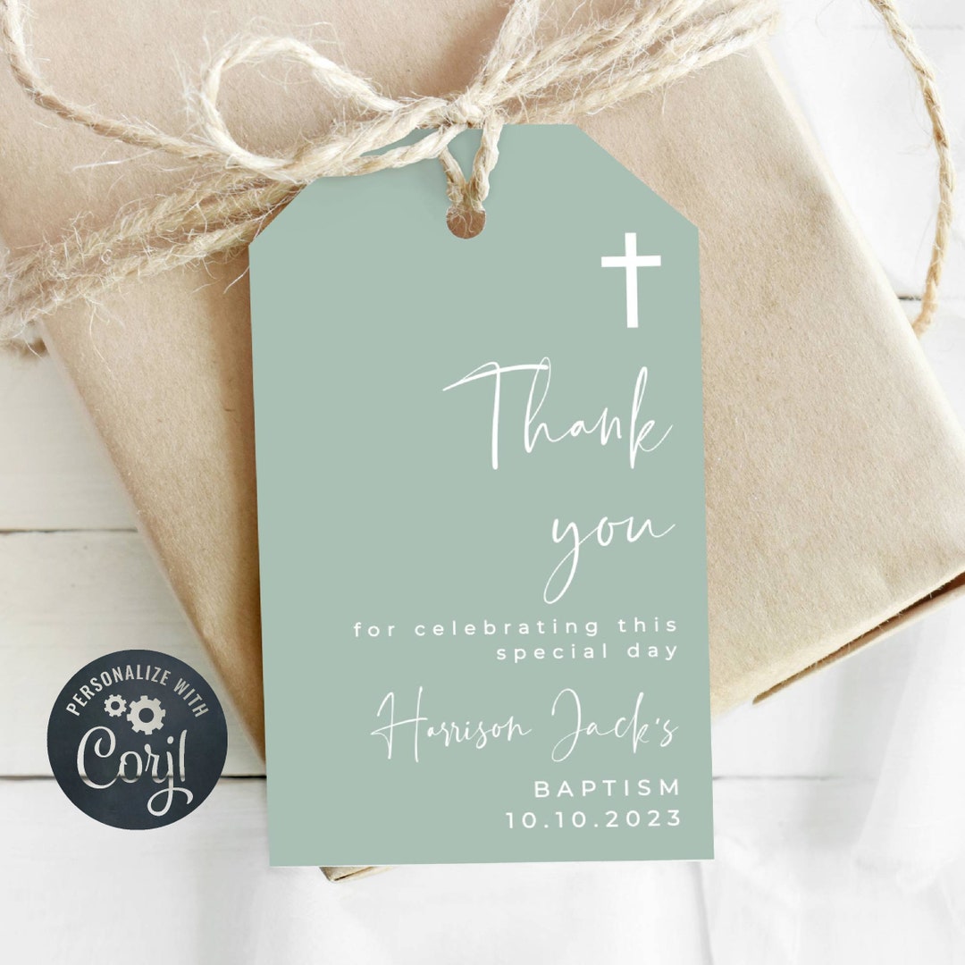 Sage Green Modern Baptism Favor Tag Template, Printable Christening ...