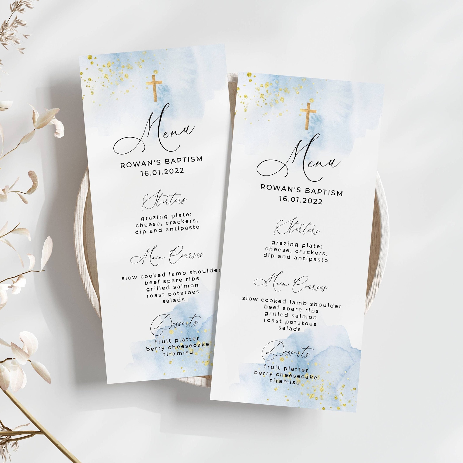 Blue Watercolor Baptism Menu Template, Printable Christening Table Menu ...