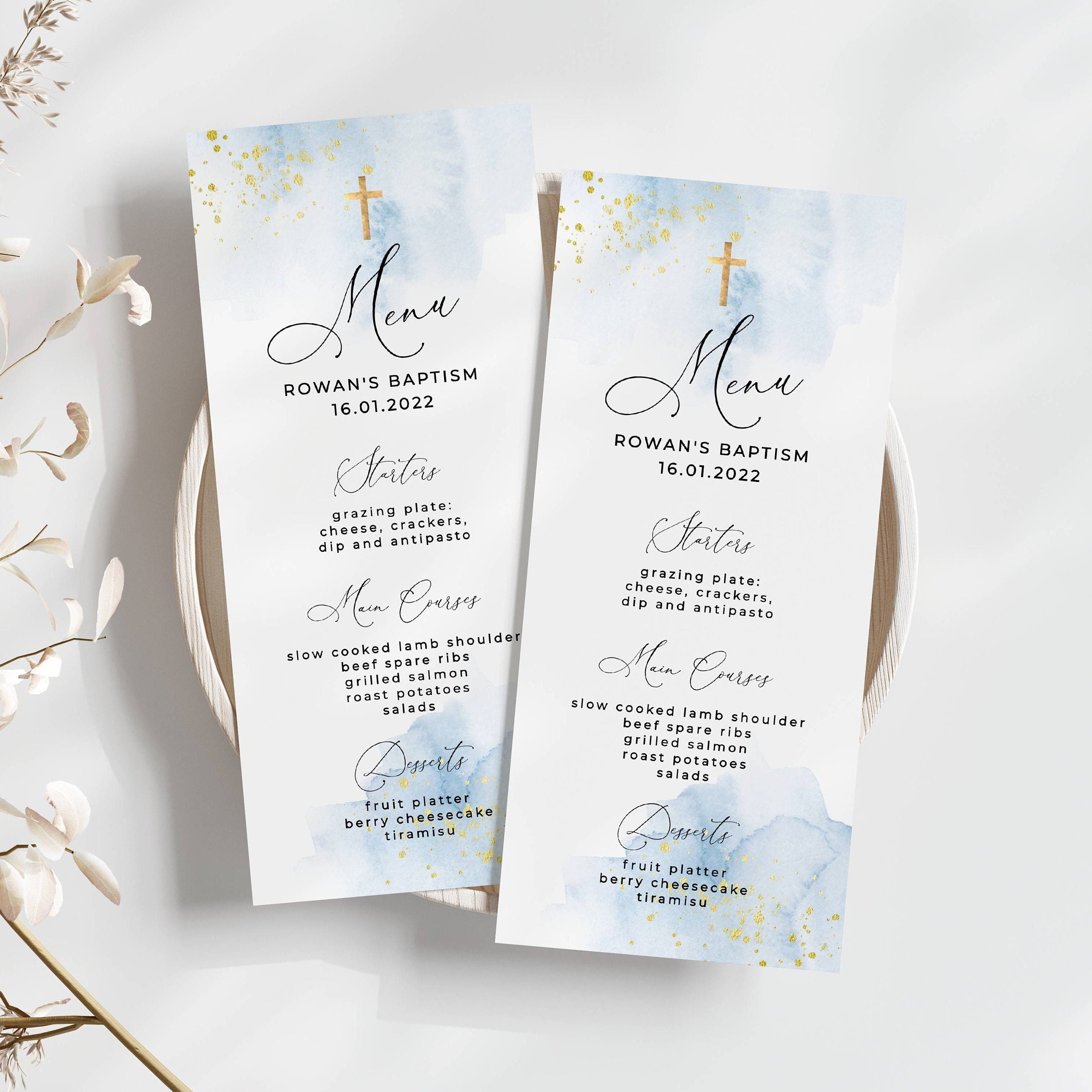 Blue Watercolor Baptism Menu Template, Printable Christening Table Menu ...