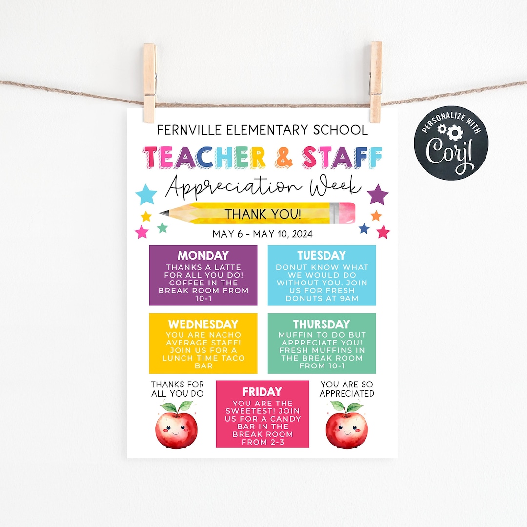 Teacher Appreciation Week Itinerary Flyer Template, Printable Teacher ...