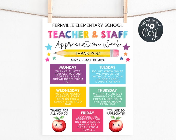 Editable Eater Teacher and Staff Appreciation Week Itinerary Flyer ...