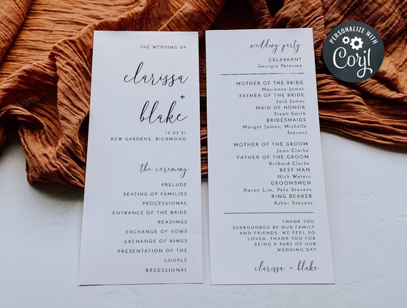 Minimalist Script Wedding Program Template Printable Modern | Etsy