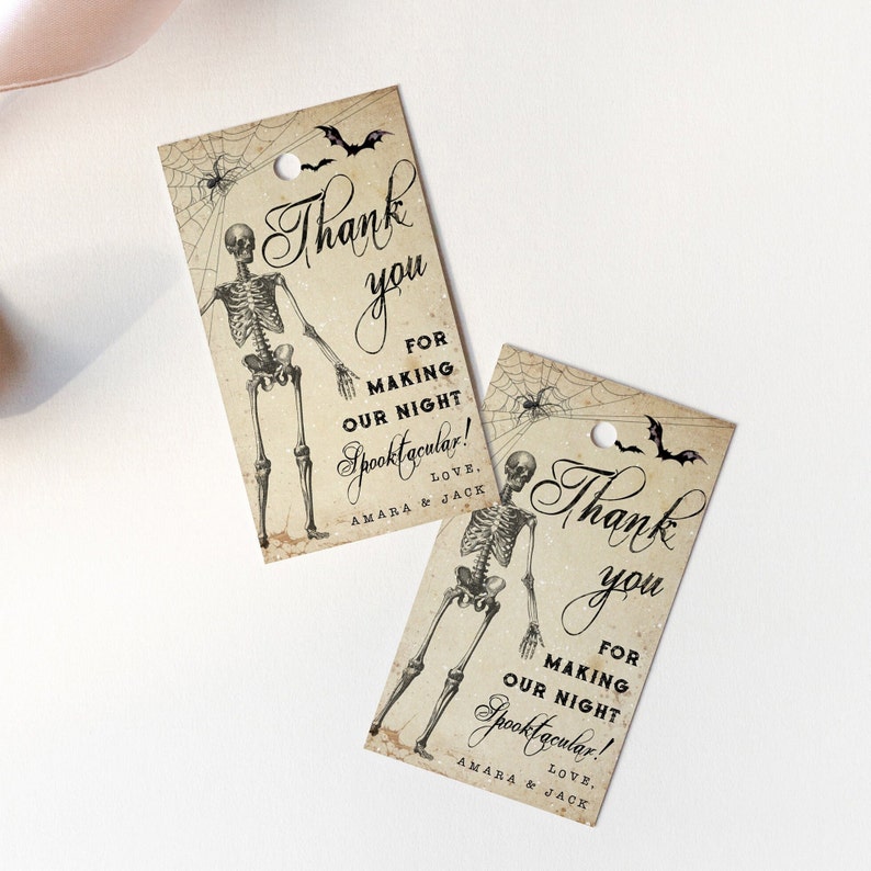Vintage Skeleton Halloween Party Favor Tag Template, Editable ...