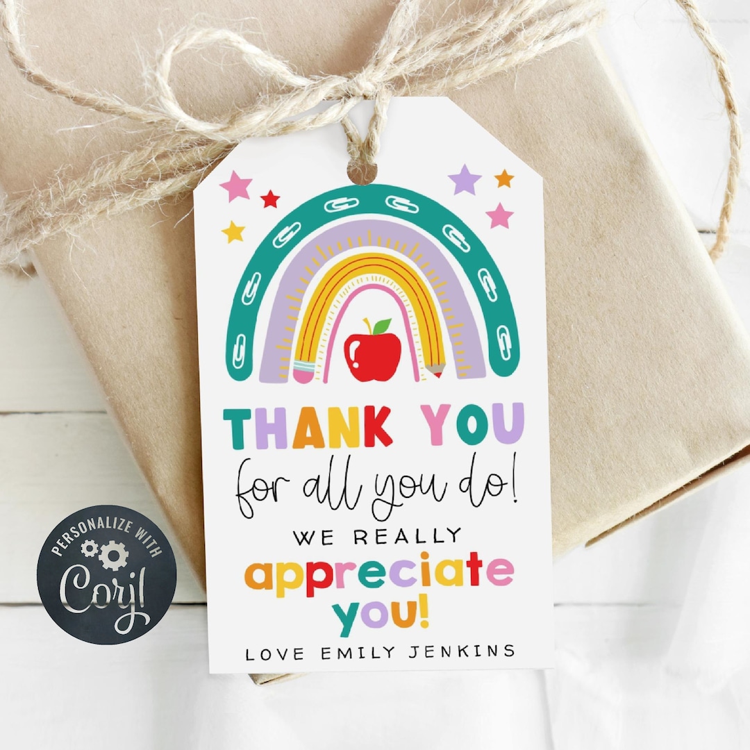 Teacher Appreciation Gift Tag Template, Printable Rainbow Apple Pencil ...
