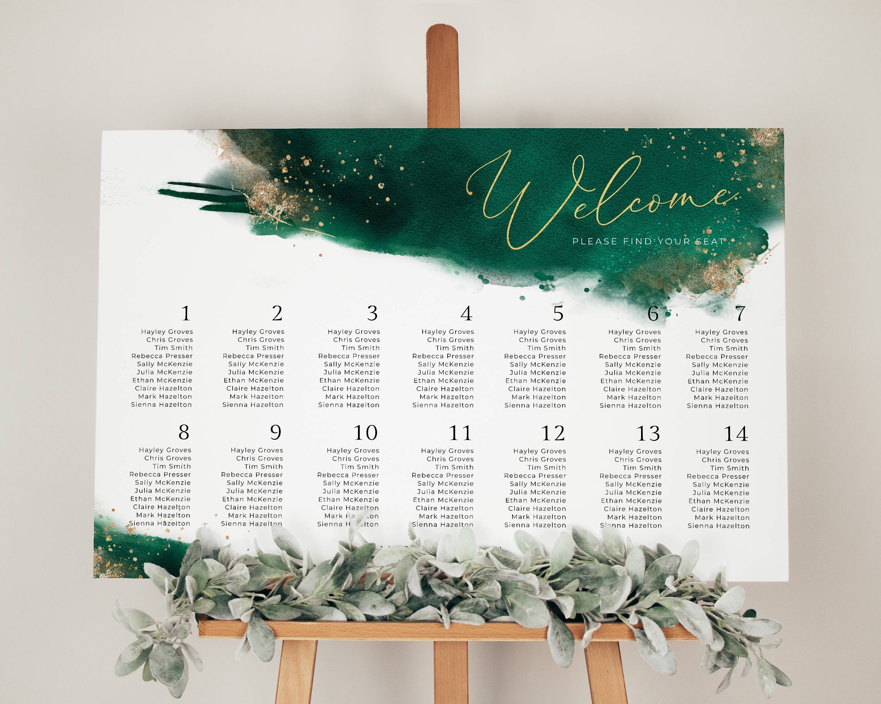 Emerald Watercolor Seating Chart Template Printable Hunter | Etsy UK