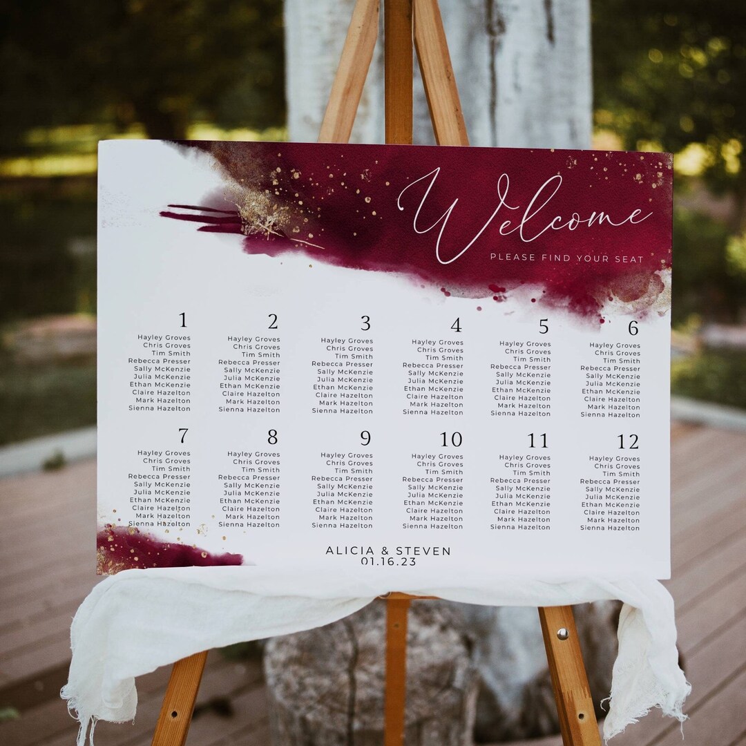 Burgundy Watercolor Seating Chart Template, Printable Maroon & Gold ...