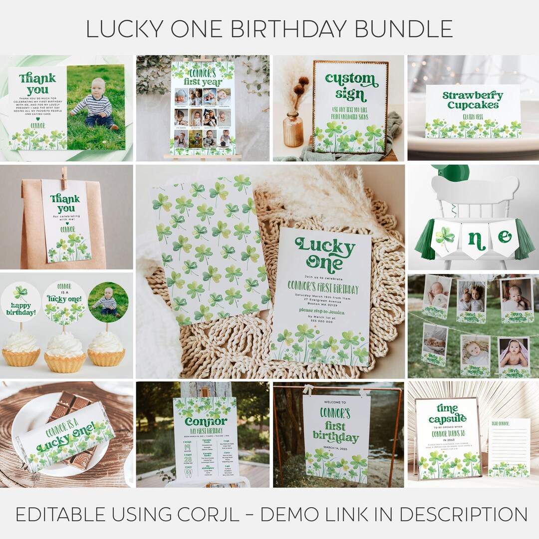 Lucky One Birthday Template Bundle, Printable St. Patrick's 1st ...