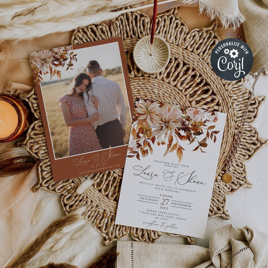 Boho Fall Wedding Invitation Template, Printable Autumn Floral Wedding ...