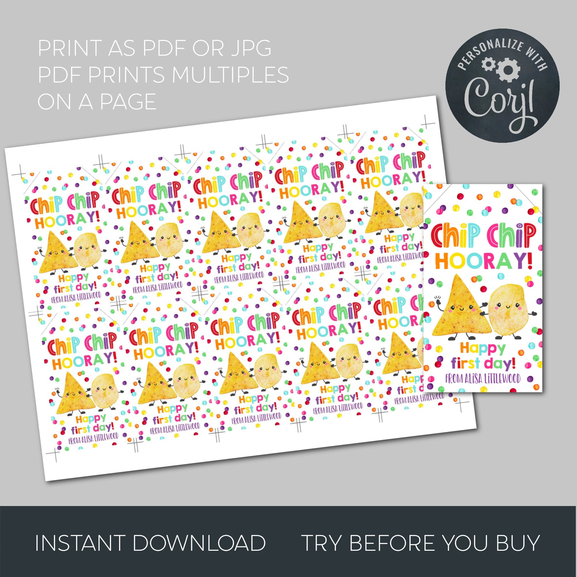 First Day of School Chips Gift Tag Template, Printable Chip Chip Hooray ...