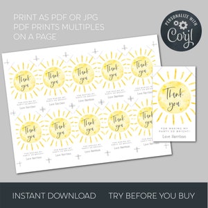 Editable Sun Birthday Favor Tag Template, Printable Little Sunshine ...