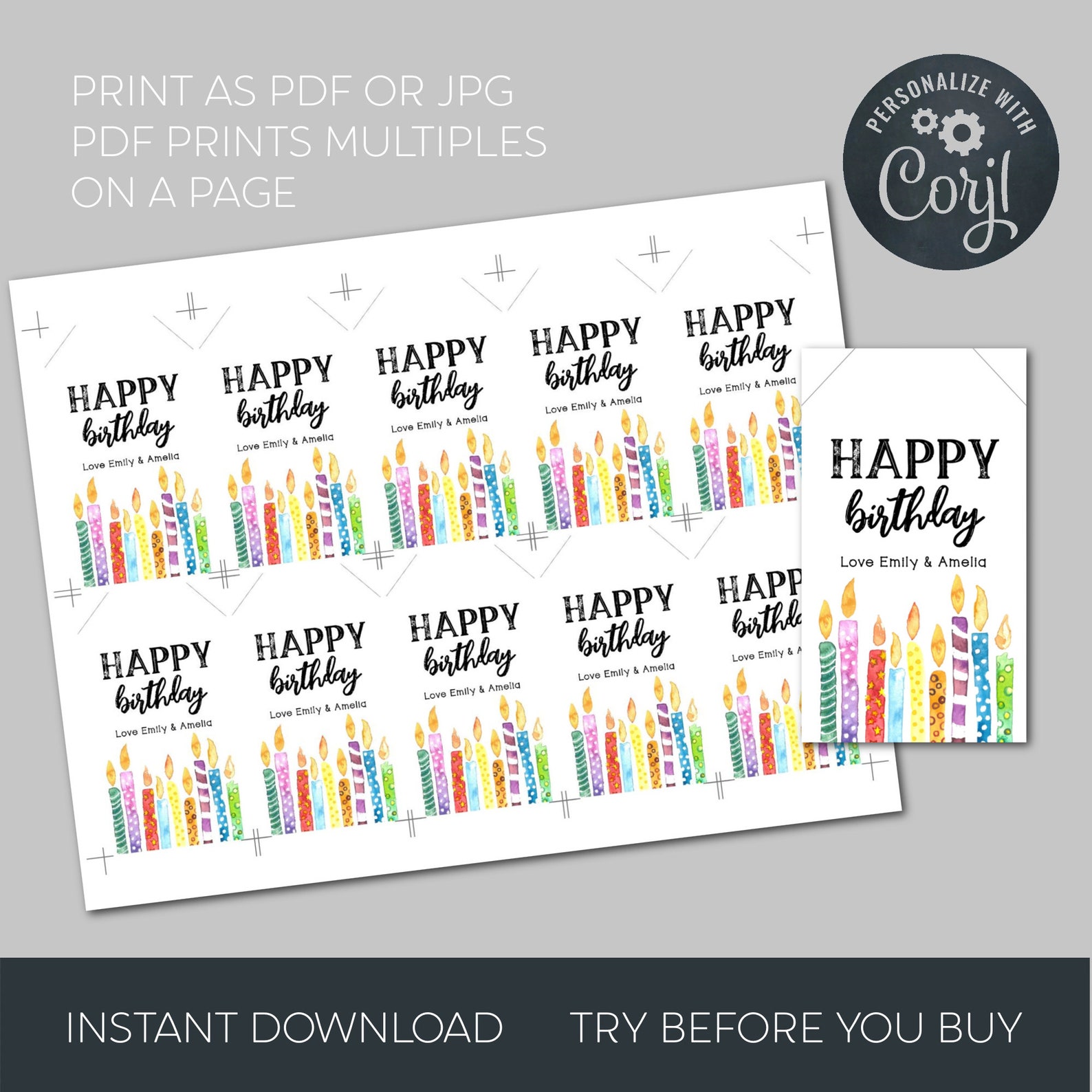 Printable Happy Birthday Gift Tag Template Watercolor Candles - Etsy