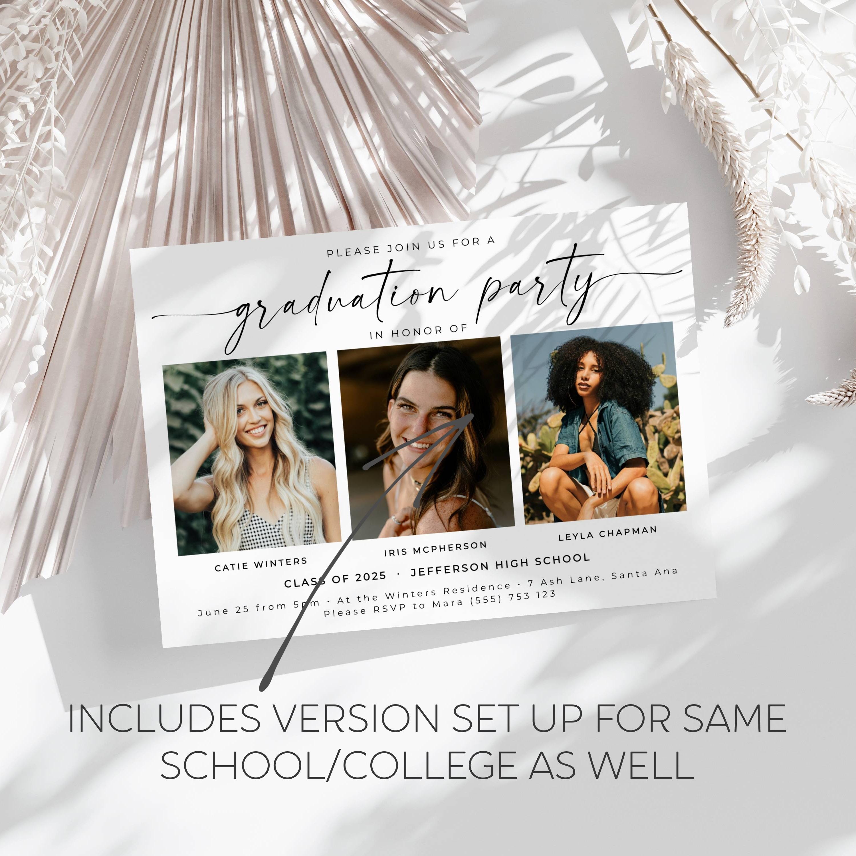 Three People Graduation Invitation Template, Printable Joint Photo ...