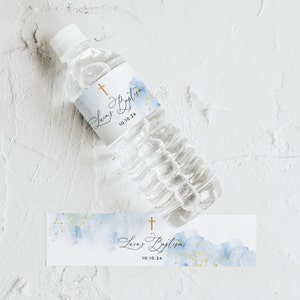 Blue & Gold Baptism Water Bottle Label Template, Printable Watercolor ...