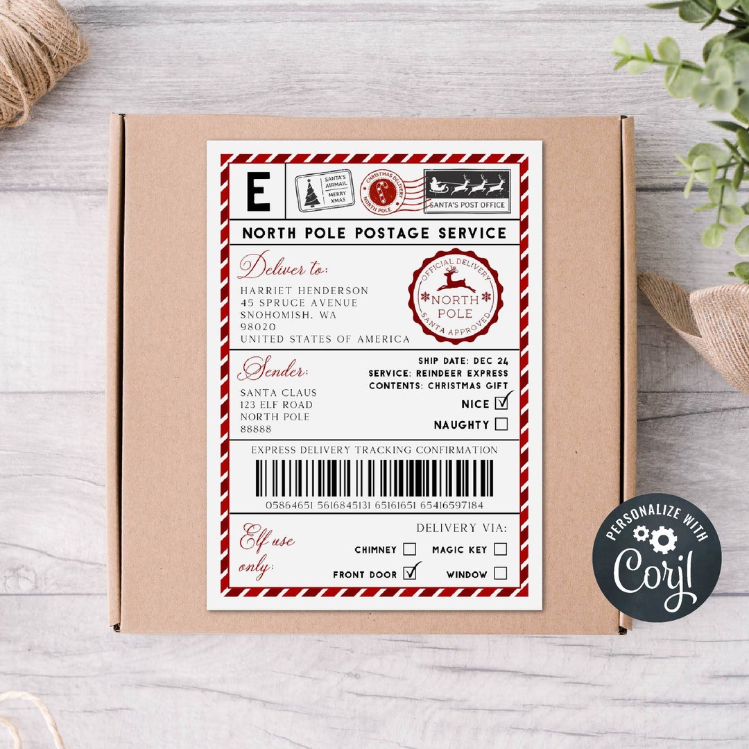 Editable Santa Mail North Pole Shipping Label Template, Printable Santa ...