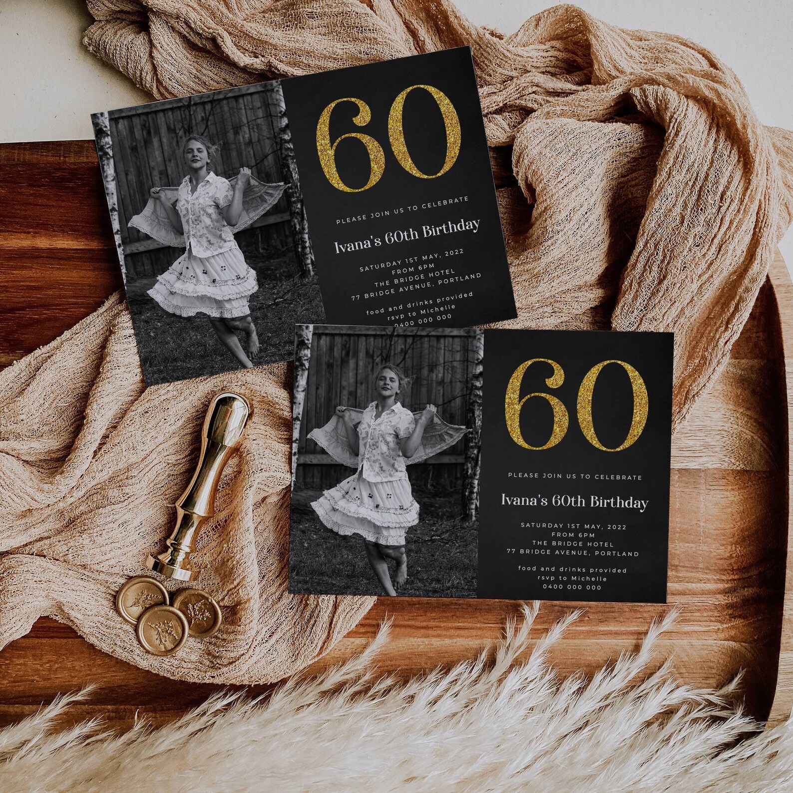 60th Birthday Photo Invitation Template, Printable Gold Glitter Sixty ...