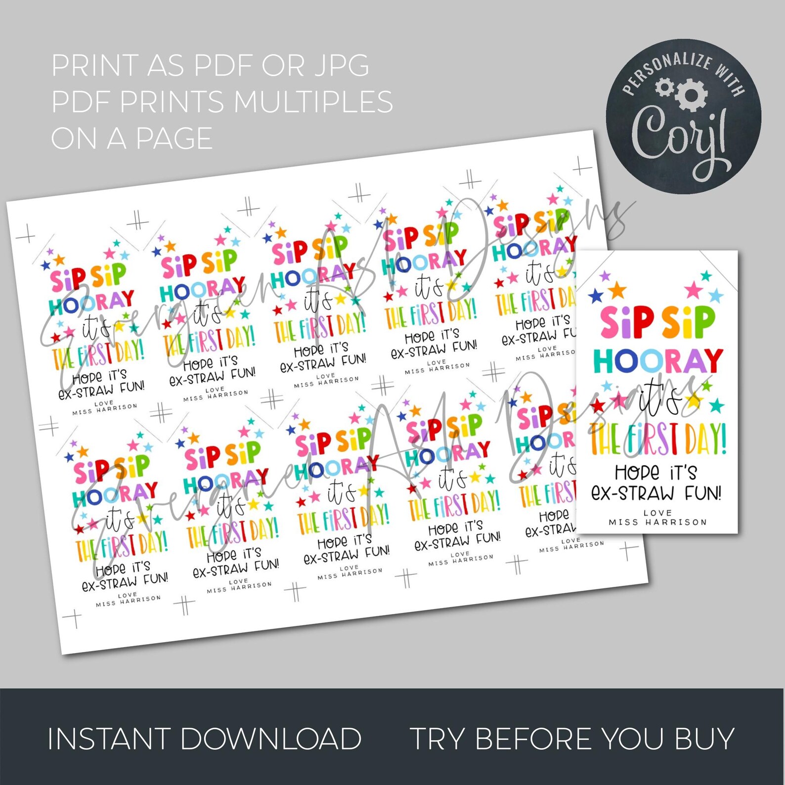 Sip Sip Hooray It's the First Day Gift Tag Template, Printable Back to ...