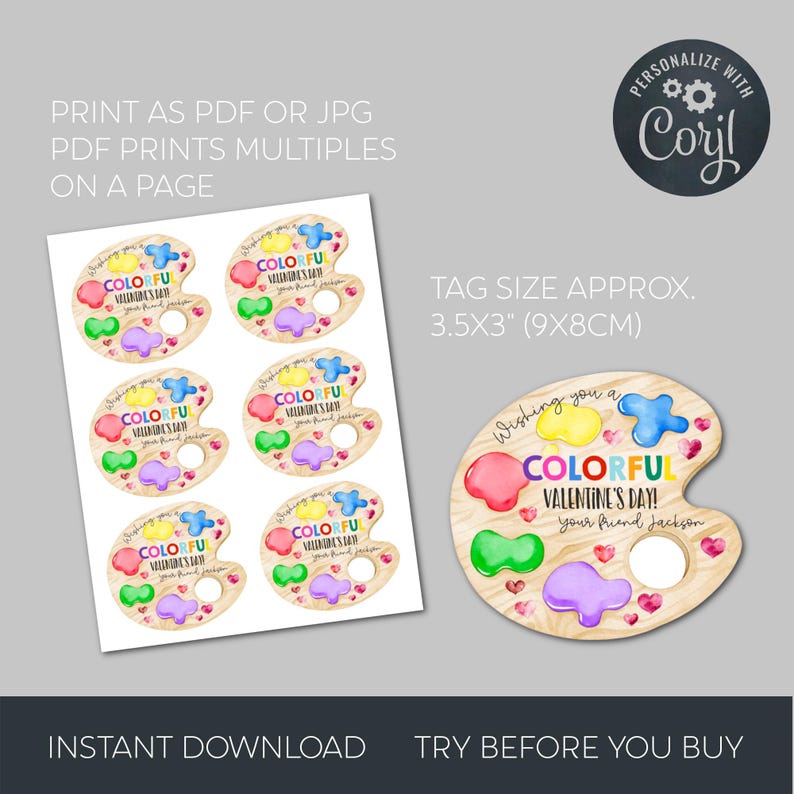 Paint Valentine's Day Gift Tag Template, Printable Colorful Valentine ...