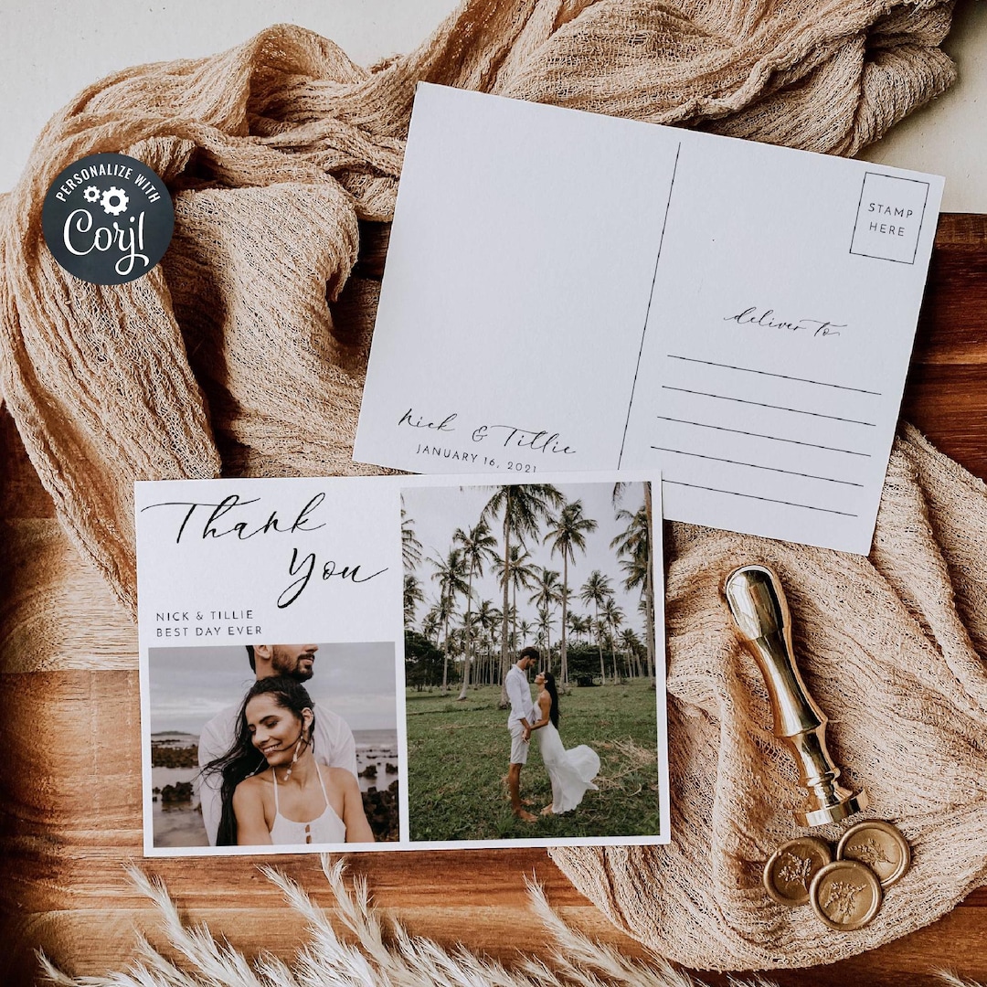 Wedding Thank You Postcard Template, Printable Photo Simple Thank You ...