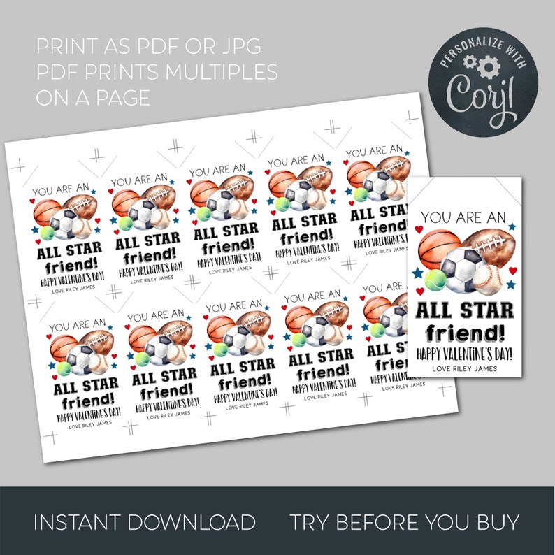 Sports Valentine's Day Gift Tag Template, Printable All Star Friend ...