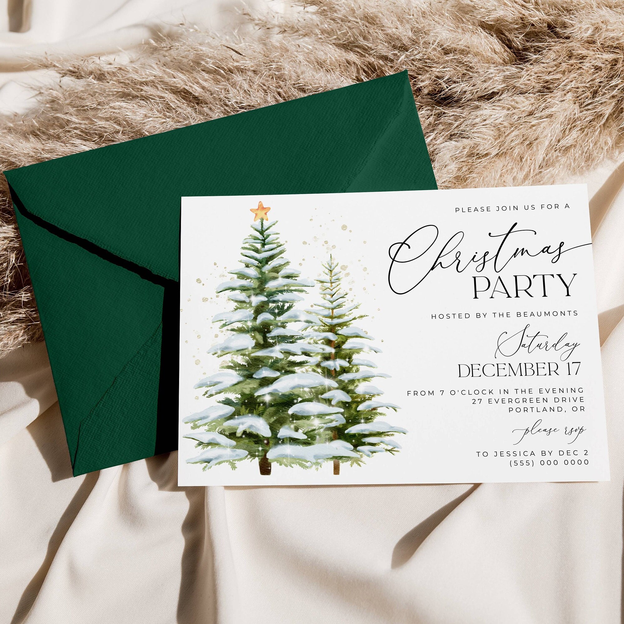 Elegant Christmas Trees Invitation Template, Printable Holiday Party ...