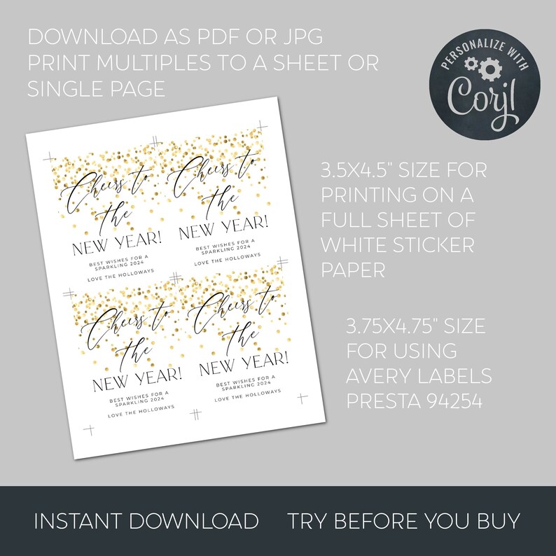 New Year's Eve Wine Bottle Label Template, Printable Modern NYE ...