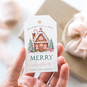 Pink Gingerbread House Gift Tag Template, Printable Holiday Favor Tag ...