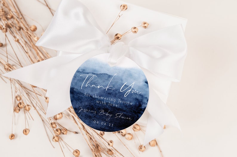Navy Watercolor Baby Shower Round Gift Tag Template Printable - Etsy